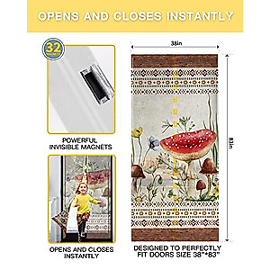 ZOE GARDEN Southwest Mushroom Magnetic Screen Door for Sliding/Single/French Doors, Self Sealing Magnets Patio Door Screen Heavy Duty Mesh Curtain, Brown Country Rustic Flower Plant Leaves