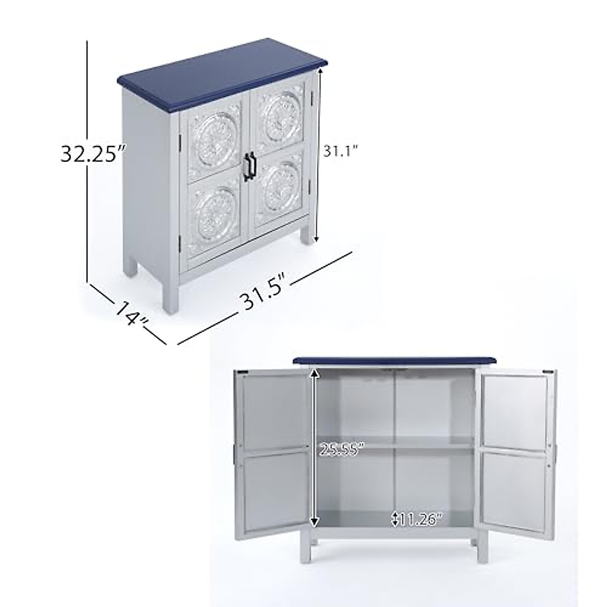 Christopher Knight Home Alana Firwood Cabinet with Faux Wood Overlay, Silver / Navy Blue