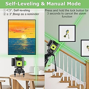 Laser Level, 16 Lines Laser Level 4x360° Self Leveling, 4D Green Cross Line Laser for Construction Tiling Picture Hanging, Green Laser Level Line Tool with 2 Rechargeable Battery and Magnetic Bracket