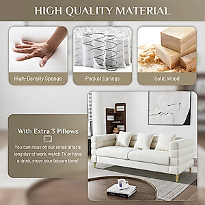 OUYESSIR Cloud Sofa Couch for Living Room, 79" Comfy Deep Seat Boucle Sherpa Sofa with 3 Pillows and Gold Legs, Modern Upholstered 3 Seater Large Loveseat for Bedroom Office, Beige White Teddy