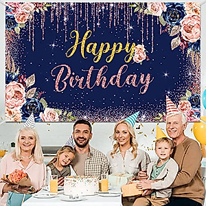 Happy Birthday Backdrop Decorations for Women Background Party Supplies Rose Backdrop Photography for Girls Boys Floral Glitters Banner Wedding Baby Shower Decor (Navy Blue)
