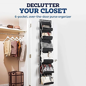 ZOBER Purse Organizer For Closet - Over The Door Purse Organizer W/ 6 Pockets for Easy Purse Storage - Durable Metal Hooks - Purse Rack W/Clear Pockets - Black (2 Pack)