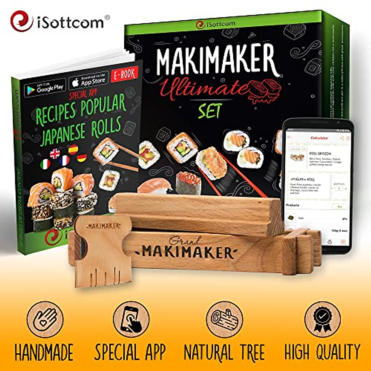 Isottcom Sushi Making Kit - Premium Sushi Set, Soy Sauce Mixing Bowls, Chopsticks with Holders, Bamboo Mat - Sushi rolling Kit for Home - Sushi roller Mobile App Sushi Maker Kit in Amazing Gift Box