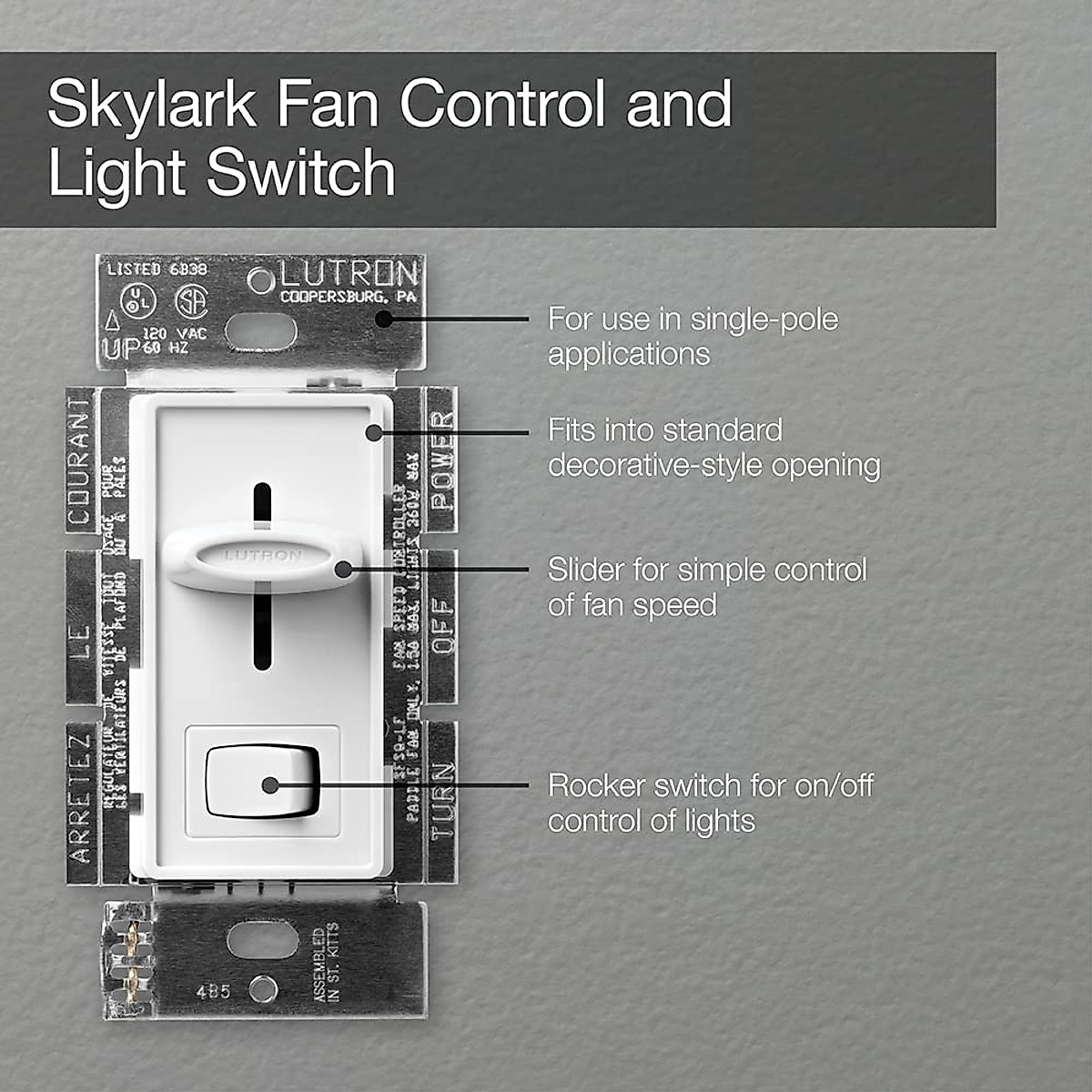 Lutron Skylark 1.5 Amp Single-Pole 3-Speed Slide-to-Off Fan and Light Control, SFSQ-LFH-WH, White