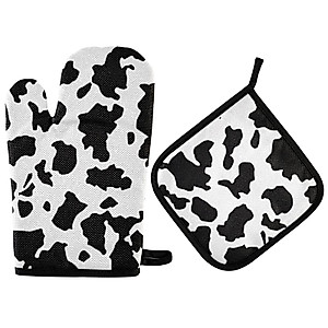 Sletend Cow Print Oven Mitts and Pot Holders Sets 2pcs Non-Slip Kitchen Heat Resistant Hot Pads for Women Cooking Gloves Baking Wear BBQ