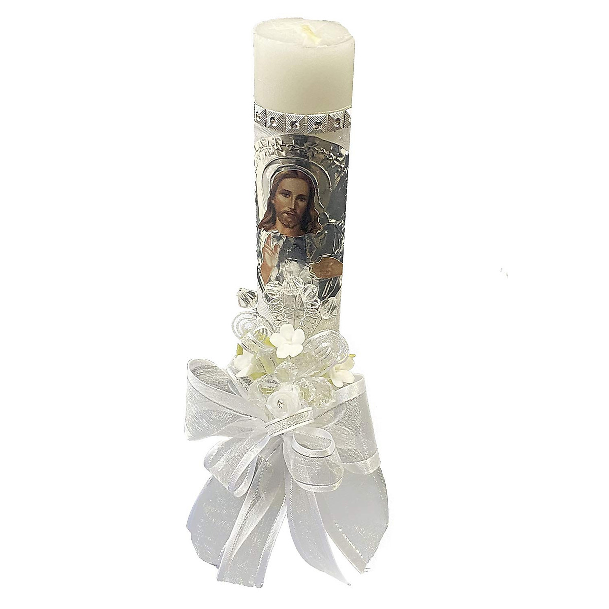 Lito White Jesus Baptism Candle Set Kit for Christenings with Shell and Favors - Spanish