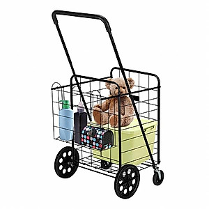 XYYSSM Iron 1200mm Telescopic Armrest 0.8mm No. 16 Round Tube 50kg Black Foldable Shopping Cart, Shopping Cart with Dual Swivel Wheels for Groceries - Compact Folding Portable Cart Saves Space