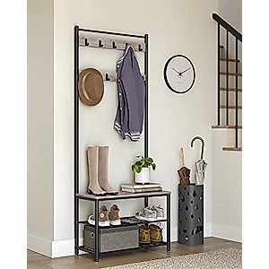 VASAGLE Coat Rack, Hall Tree with Shoe Storage Bench, Entryway Bench with Shoe Storage, 3-in-1, Steel Frame, for Entryway, 12.6 x 27.6 x 69.8 Inches, Industrial, Greige and Black UHSR41MB