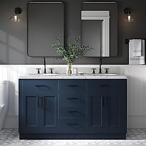 ARIEL Double Vanity 61" Midnight Blue with 1.5" Edge Italian Carrara Marble Countertop & Splash, Oval Sinks, 4 Soft Closing Doors, 6 Full Extension Dovetail Drawers, Toe Kick, Matte Black