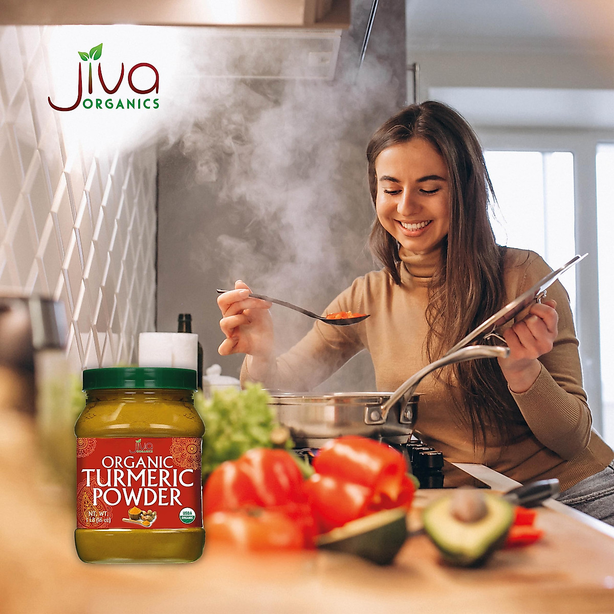 Organic Turmeric Powder 1 Pound Jar by Jiva Organics - 100% Raw with Curcumin - Lab Tested & Reports Available - Raw from India