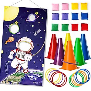 NONZERS Carnival Games Set, 4 in 1 Bean Bags Ring Toss Game with 12 Bean Bags, 12 Ring Toss, 6 Plastic Cones and One Toss Banner for Kids Birthday Carnival Party Outdoor Indoor Games Supplies