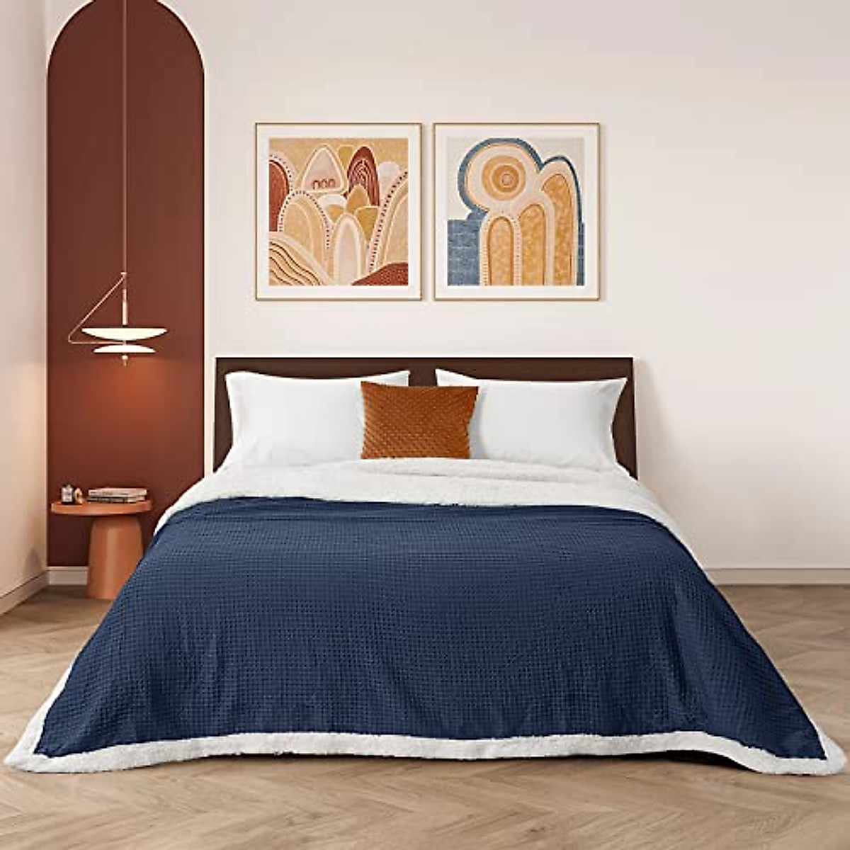 PHF Waffle Sherpa Blanket King Size, Luxury Warm Plush Flannel Blanket for Winter, No Shed No Pilling Cozy Soft Waffle Weave Fleece Blanket for Bed and Couch, Navy Blue, 104x90 Inches