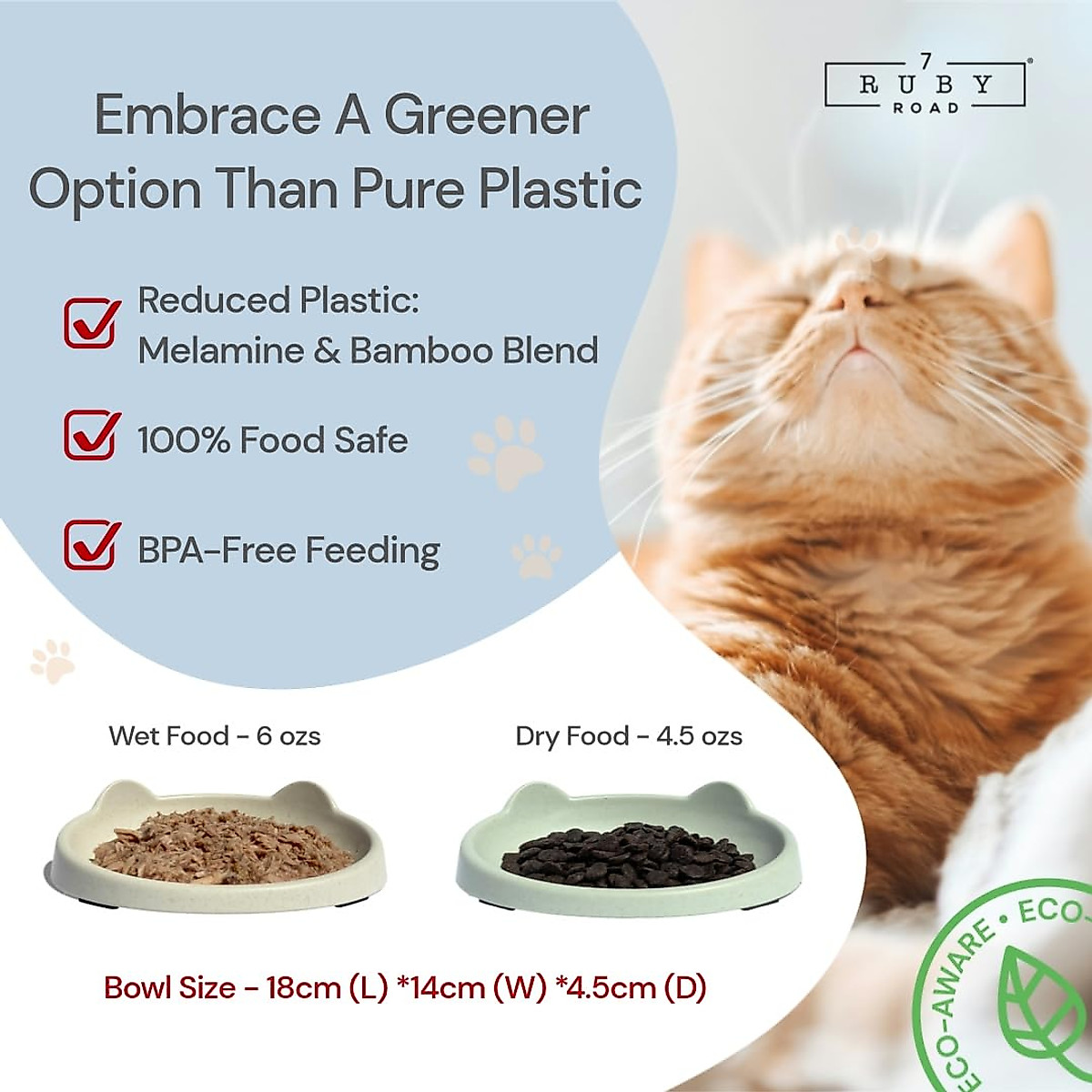 7 Ruby Road Anti Whisker Fatigue Cat Bowl, Set of 2 - Wide Cat Food Bowls, Wet and Dry Shallow Cat Food Dish, Small Cat Dishes for Indoor Cats, Cute Kitten Bowls Whisker Friendly & Relief, Non-Slip