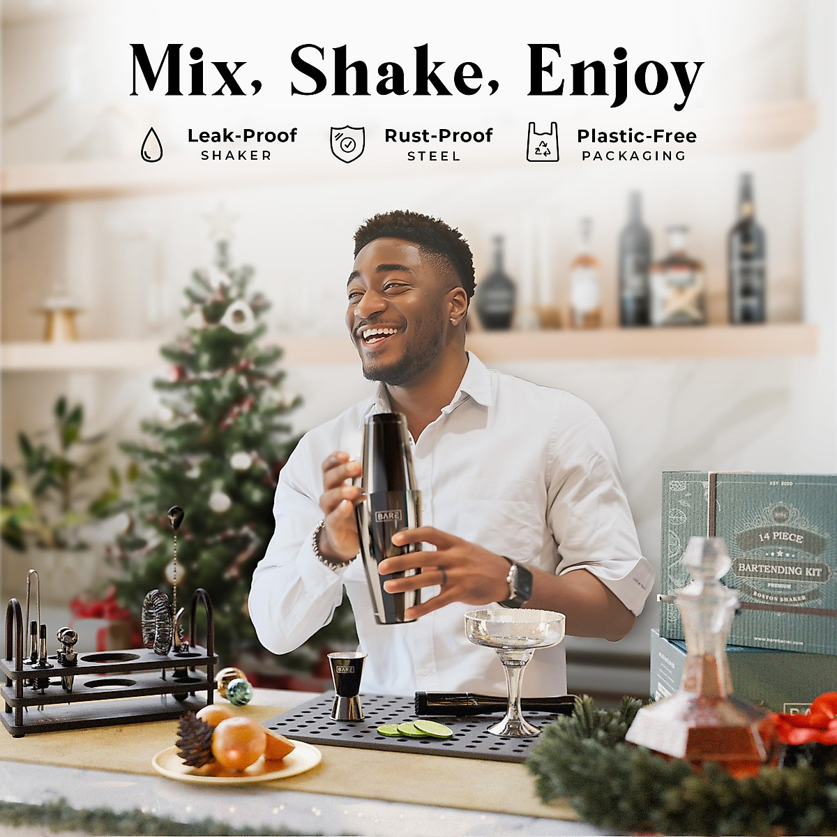 BARE BARREL® Mixology Bartender Kit Bar Set | 14-Piece Cocktail Shaker Set | Martini Barware Mixing Tools for Home Bartending | 35 Recipe Cards | Gift Set (28oz Boston Shaker, Jet Black/Black)