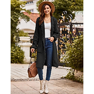 Women's Open Front Knit Cardigans Lapel Long Lantern Sleeve Chunky Knit Sweater Coat Cozy Slouchy Cardigan with Pockets(Black,XL)