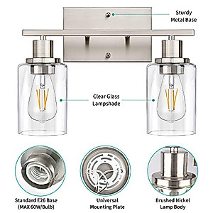 ShineTech 2-Light Bathroom Vanity Light Fixtures, Modern Vanity Lights with Clear Glass Shade, Brushed Nickel Bathroom Wall Light, Wall Sconce Wall Lamp for Mirror Kitchen Living Room Bedroom Hallway