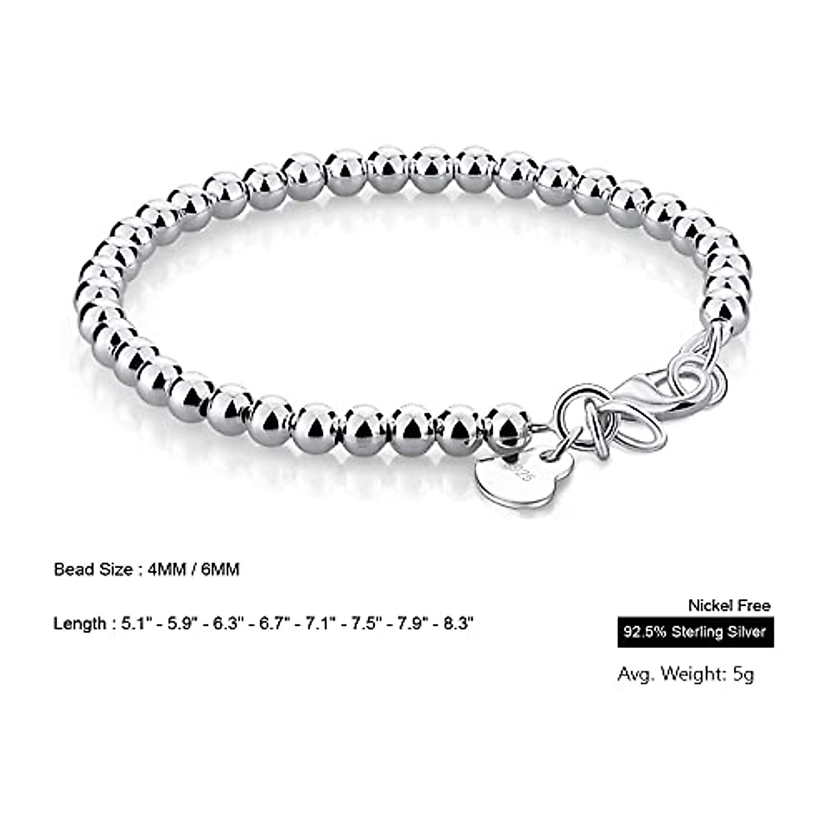 Meilanduo 925 Sterling Silver Women's 4MM-6MM Italian Bead Ball Chain Bracelet, Handmade Bead Italian Bracelet, Lobster Claw Clasp - Sizes 5.1" to 8.3" Inch - (Silver-Tone, 4mm 5.1")