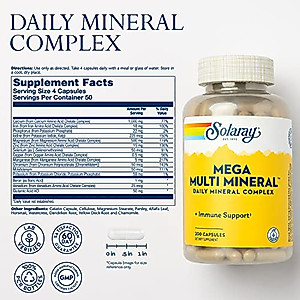 Solaray Mega Multi Mineral, Daily Mineral Complex with Calcium, Iron, Magnesium, Zinc, and More in Highly Absorbable Chelated Forms, Overall Health and Immune Support, 50 Servings, 200 Capsules