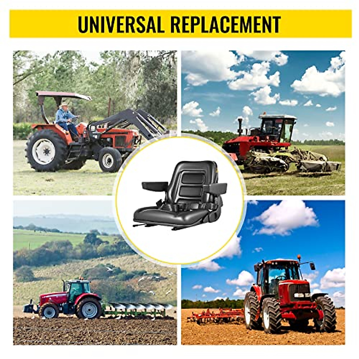 VEVOR Universal Forklift Seat Black PVC Tractor Seat, 6"/150MM Adjustable Mower Seat Foldable Seat Including Armrests, Seat Belt, Seat Switch, Skid Steer Seat Fit Forklift, Tractor, Skid Loader