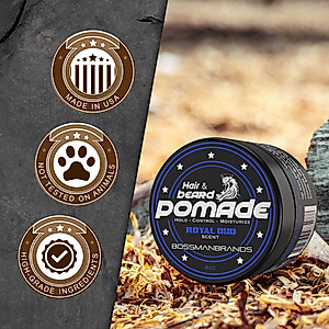 Bossman Hair & Beard Pomade - All Day Hold, Control and Moisturizing Hair, Beard and Moustache Styling Product - Natural Strong Hold Pomade - Made in USA (Royal Oud Scent)