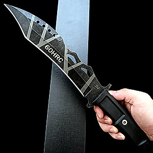 HOLYEDGE 14.1 inch Stonewash Full-tang Fixed Blade Tactical Knife - Fantasy Large Sturdy Military Survival Combat Knife Camping Hunting Knives with Sheath