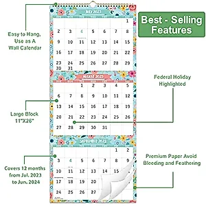 Calendar 2023-2024 - 3 Month Display Wall Calendar (Folded in one Month), 11.3" x 26" (when opened), Jul 2023 - Jun 2024, Vertical Calendar with Thick Paper, For Daily Organizing & Planning