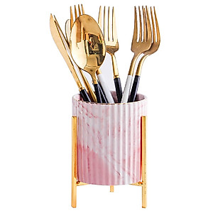 YOSCO Kitchen Utensil Holder,Ceramic Silverware Holder,Flatware Organizers with Golden Metal Frame for Home, Kitchen,Restaurant,Countertop (Pink-1)