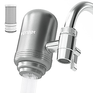 Vortopt Faucet Water Filter for Sink - 400G Water Purifier, Mount Tap Water Filtration System for Kitchen, Bathroom, Reduces Lead, Chlorine, Bad Taste, T1 (Stainless Faucet Filter with 1 Filters)