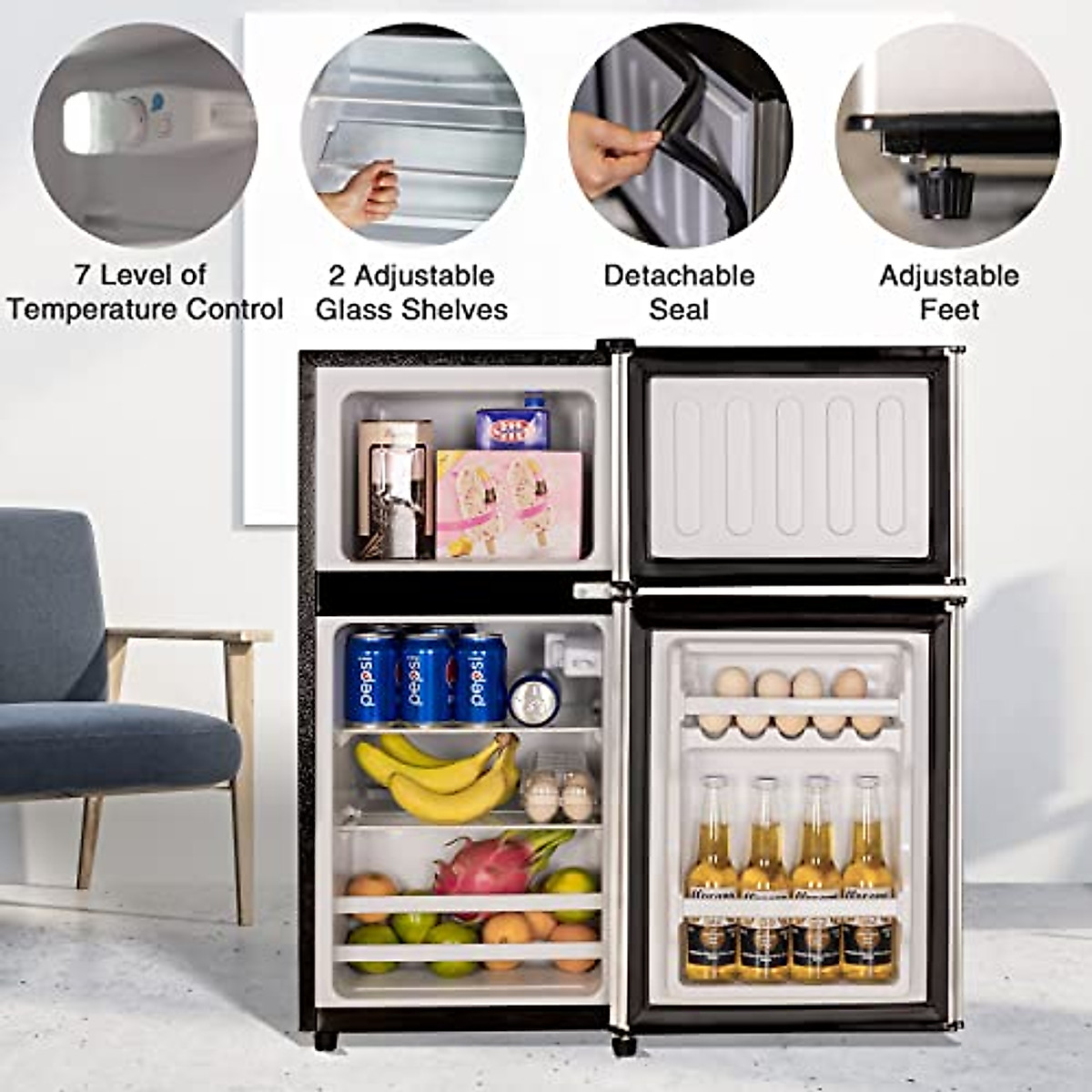 Anukis Compact Refrigerator 3.5 Cu Ft 2 Door Mini Fridge with Freezer For Apartment, Dorm, Office, Family, Basement, Garage, Silver