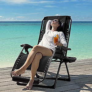 Ezcheer Padded Zero Gravity Chair Oversized with Foot Rest Cushion, Support 400 lbs Patio Beach Lounge Chair, Camping Lawn Outdoor Recliner with Cup Holder