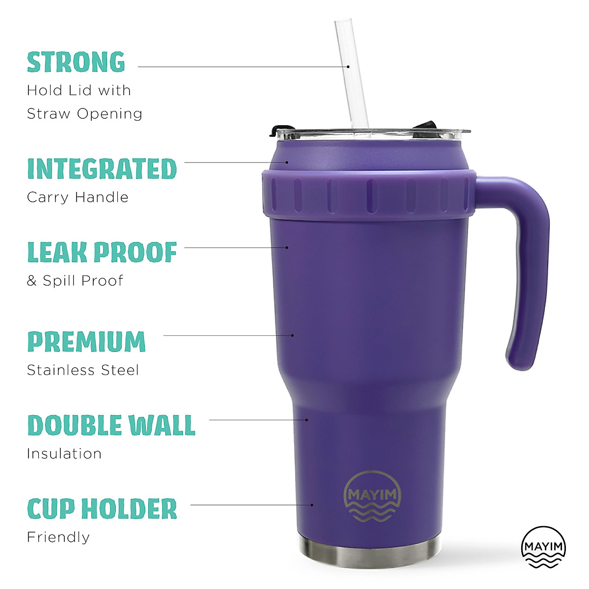 Mayim 40oz Tumbler with Handle, Travel Coffee Mug or Insulated Water Bottle with Straw and Lid, Leak Proof Stainless Steel Double Wall Thermos for Home, Office or Car - Violet