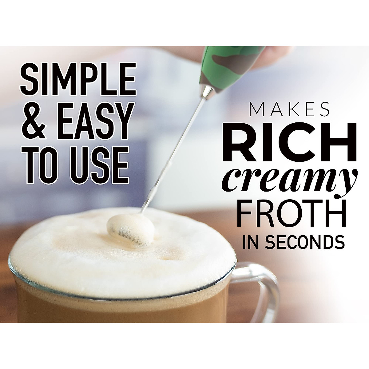 PRO MILK FROTHER WAND - ULTRA HIGH SPEED HANDHELD FROTHER - UPGRADED STAND - Powerful Handheld Mixer with Infinite Uses - Super Instant Electric Foam Maker with Stainless Steel Whisk (Camo)