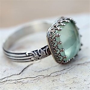 SixTwo Vintage Mint Green Moonstone Princess Square Cut Cubic Zirconia Ring Prehnite Gemstone Wedding Engagement Women Ring Retro Thai Silver Jewelry Size 610 ST.235 9