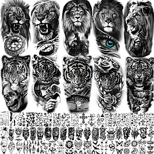 67 Sheets 3D Black Tribal Realistic Temporary Tattoos for Men Women Adults - Tiger Lion Gladiator Temp Skull Fake Half Arm Sleeve Tattoos Sticker