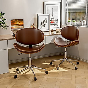 OKAKOPA Modern Office Chair, Leather Desk Chair Armless, 360° Swivel Height Adjustable w/Wheels Curved Seat Small Office Chair Wood Desk Chairs Brown