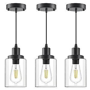 Industrial Pendant Lights, Modern Clear Glass Shade Pendant Lighting, Black Pendant Light Fixtures Ceiling Light, Farmhouse Pendant Lighting for Kitchen Island Hallway Porch Corridor Bedroom, 3-Pack