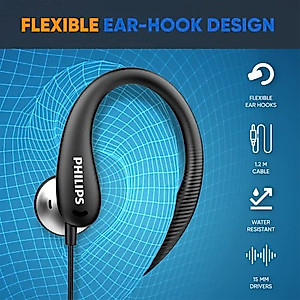 Philips Over The Ear Earbuds, Flexible Wrap Around Earbuds, Around Ear Headphones with Mic Behind The Ear Headphones, Perfect for Sports, Running, Exercise, Gym, Lightweight Earhook Sports Headphones