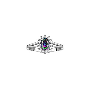 Rylos Rings for Women 14K White Gold Ring Classic Halo Diamond Birthstone Ring 6X4MM Oval June Alexandrite Jewelry for Women Size 7