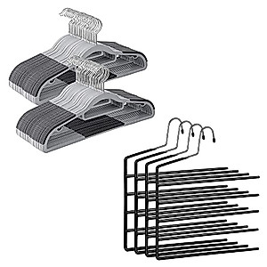 SONGMICS 50-Pack Hangers and 4-Pack Pants Hangers Bundle, Non-Slip Hangers for Closet Organization, Open-Ended, for Shirts, Suits, Pants, Light Gray, Dark Gray, Black UCRP20G50 and UCRI034B02