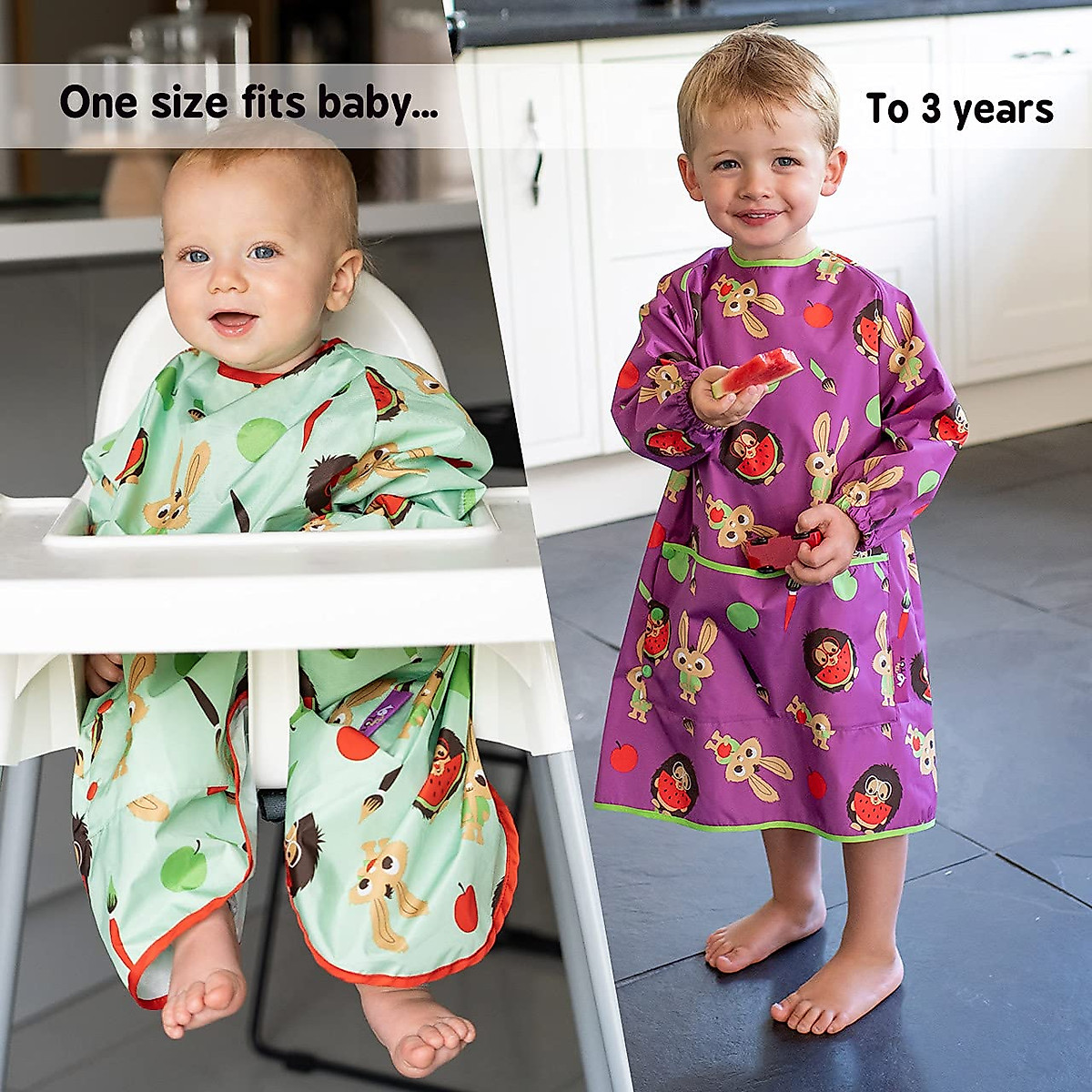 Tidy Tot - Long Baby Bib - Mess Proof Long Sleeve Feeding Smock with Large Food Catcher Pocket - Waterproof Bib – Machine Washable. Fits 6-24 months - Purple