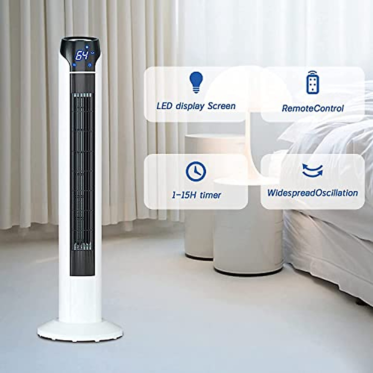 MEPTY Tower Fan with Remote, 36'' Oscillating Bladeless Fan, Quiet Cooling Fan with 15H Timer,3 Speeds,3 Modes,Standing Floor Fan, Tower Fan for Bedroom Office Living Room