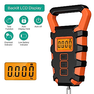 ORIA Digital Fishing Scale with Ruler, Fishing Postal Hanging Hook Scale, 110lb/50kg Waterproof Luggage Scale with Measuring Tape, Luggage Hook, Backlit LCD Display, Orange
