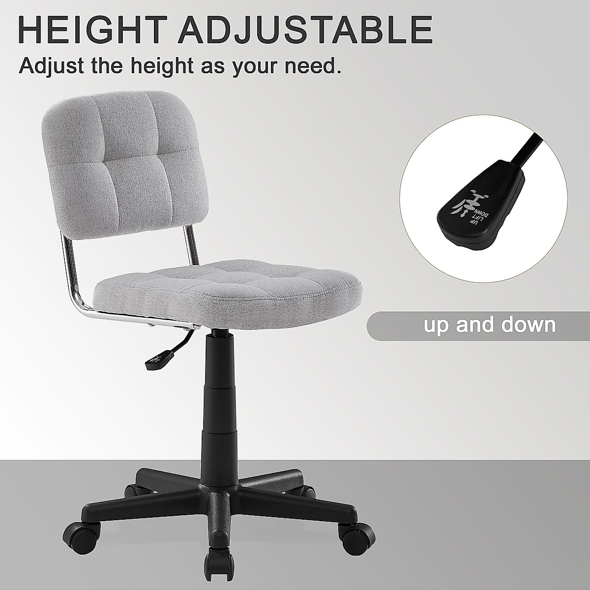 VECELO Modern Armless Home Office Desk Chair, 360°Rolling Swivel Adjustable Height for Make Up/Bed Room/Small Space, Linen Fabric, Gray