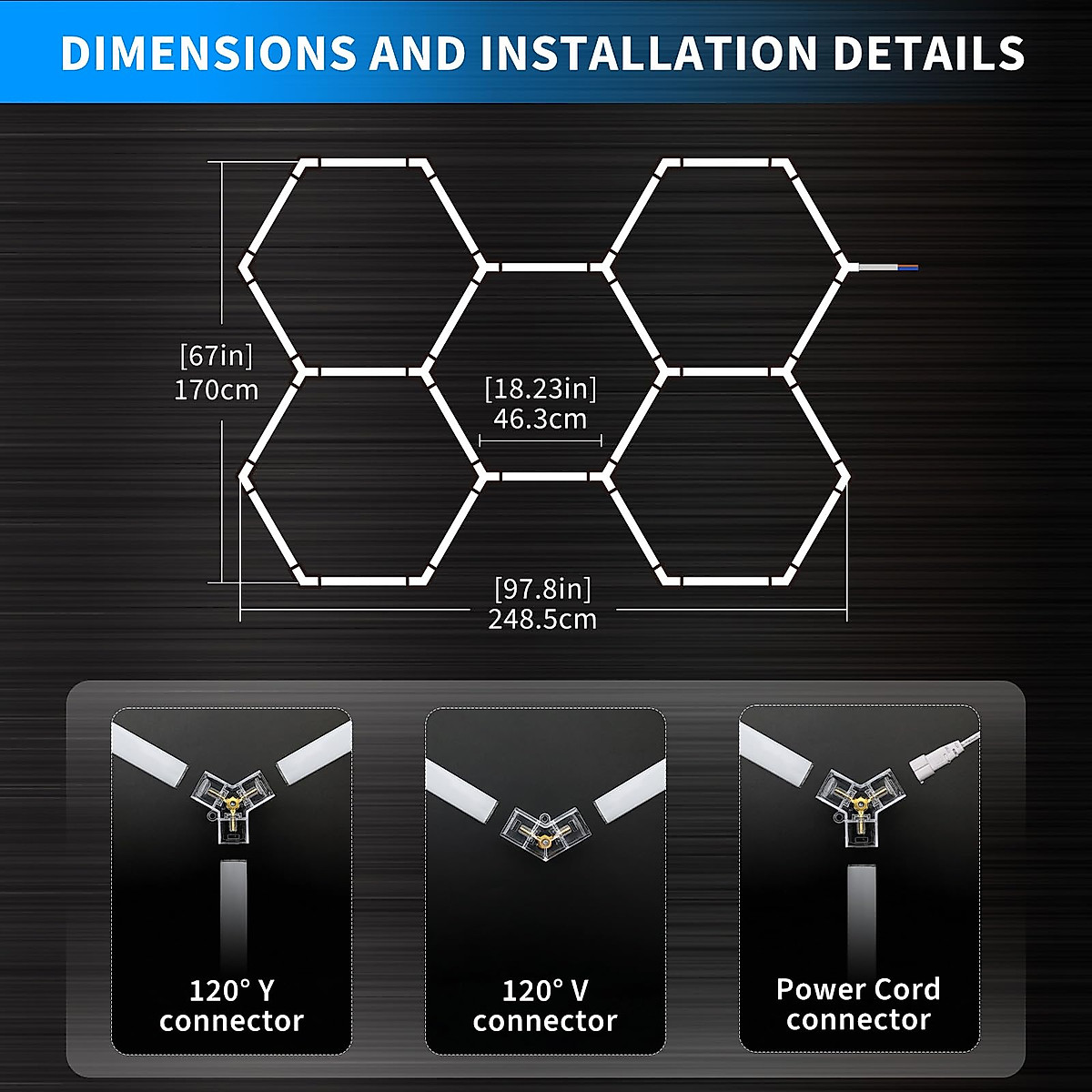 Ludapp Hexagon Garage Lights Ceiling led, 5 HEX Grid Systems Honeycomb Lights, 6500K Cooler Light for hex Lights, Aluminum Hexagonal Shop Lights for Garage, Shop, Gym