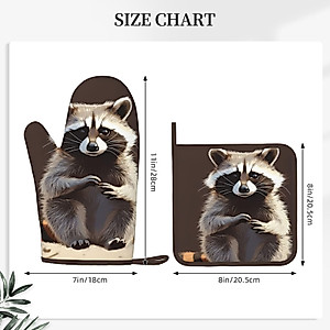 Cute Raccoon Printed Oven Mitts and Pot Holders Sets Heat Resistant Kitchen Oven Gloves Potholders Set Extra Long Non-Slip Silicone Gloves for Cooking Baking BBQ