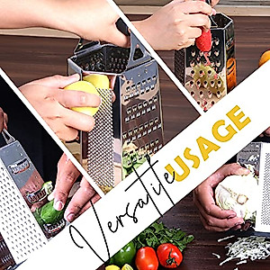 Utopia Kitchen - Cheese Grater & Shredder - Stainless Steel - 6 Sided Box Grater - Large Grating Surface with 6 Razor Sharp Blades - Non Slippery rubber bottom - Perfect to Slice, Grate, Shred & Zest Fruits, Vegetables, Cheeses & Many more! (Black)