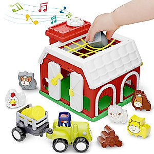 iPlay, iLearn Shape Sorter Baby Toys for 1 Year Old Boys, 12 18 24 Months Infant Learning Toy Set, Farm Animal Sorting Barn W/Tractor Truck, Educational 1st Birthday Gifts for Toddlers Age 2 3 Years