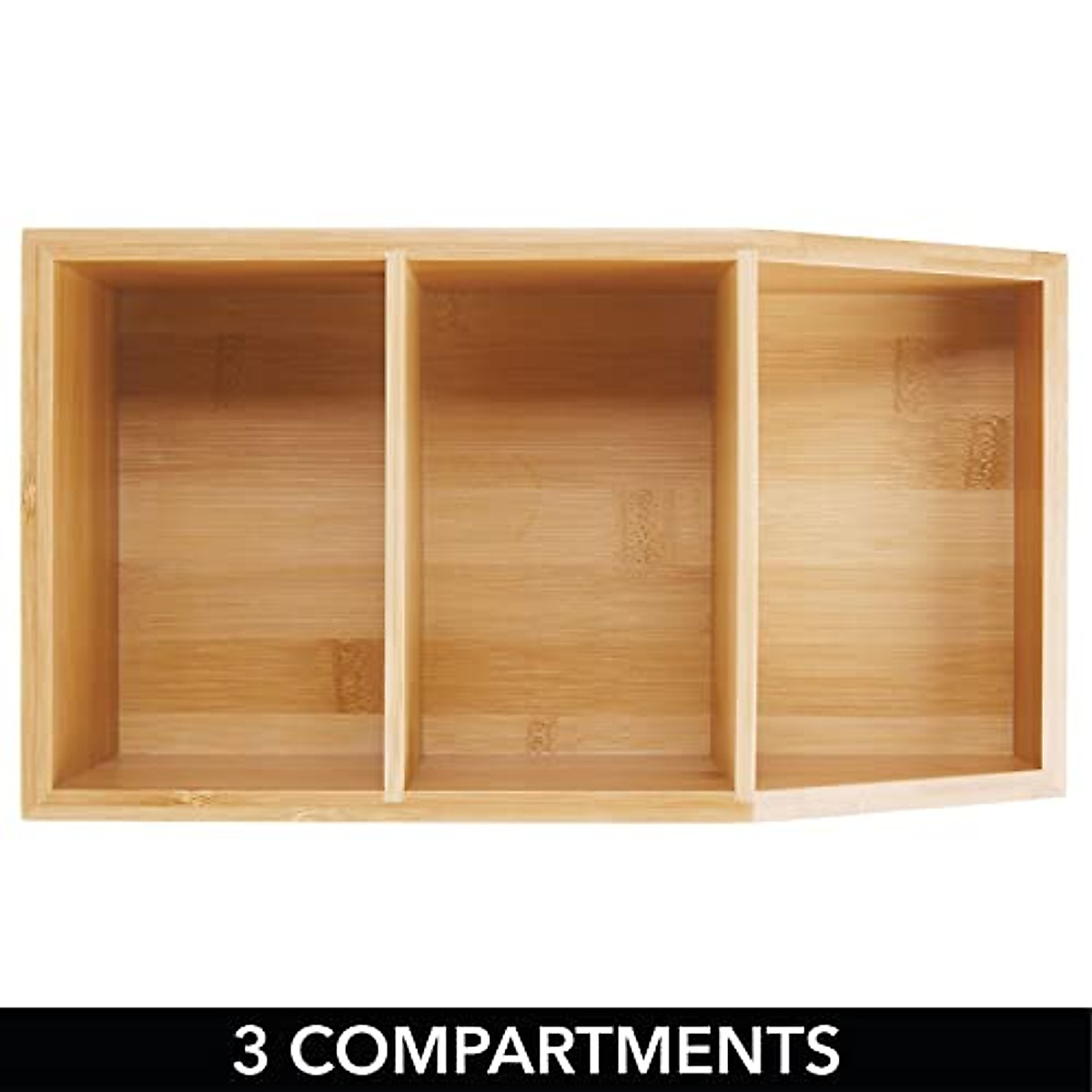 mDesign Bamboo Wood Compact Bathroom Storage Organizer Bin Box - 3 Divided Sections - Cabinets, Shelves, Countertops, Bedroom, Kitchen, Laundry Room, Closet, Garage, 4 Pack - Natural/Tan