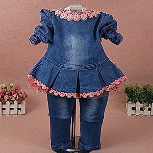 Yao 6M-4Y Infant 3Pcs Baby Girls Clothes Set Toddler Outfits Lace Dress Jacket and Jeans (6-12M,Flower-Orange)