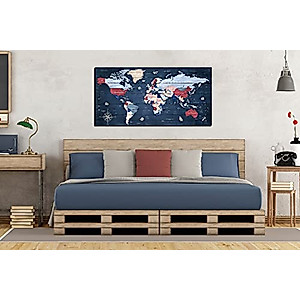 Blue World Map Wall-Art For Office - Large World Maps For Wall - Canvas Wall Art Stretched and Framed Ready to Hang Size 40" x 20"